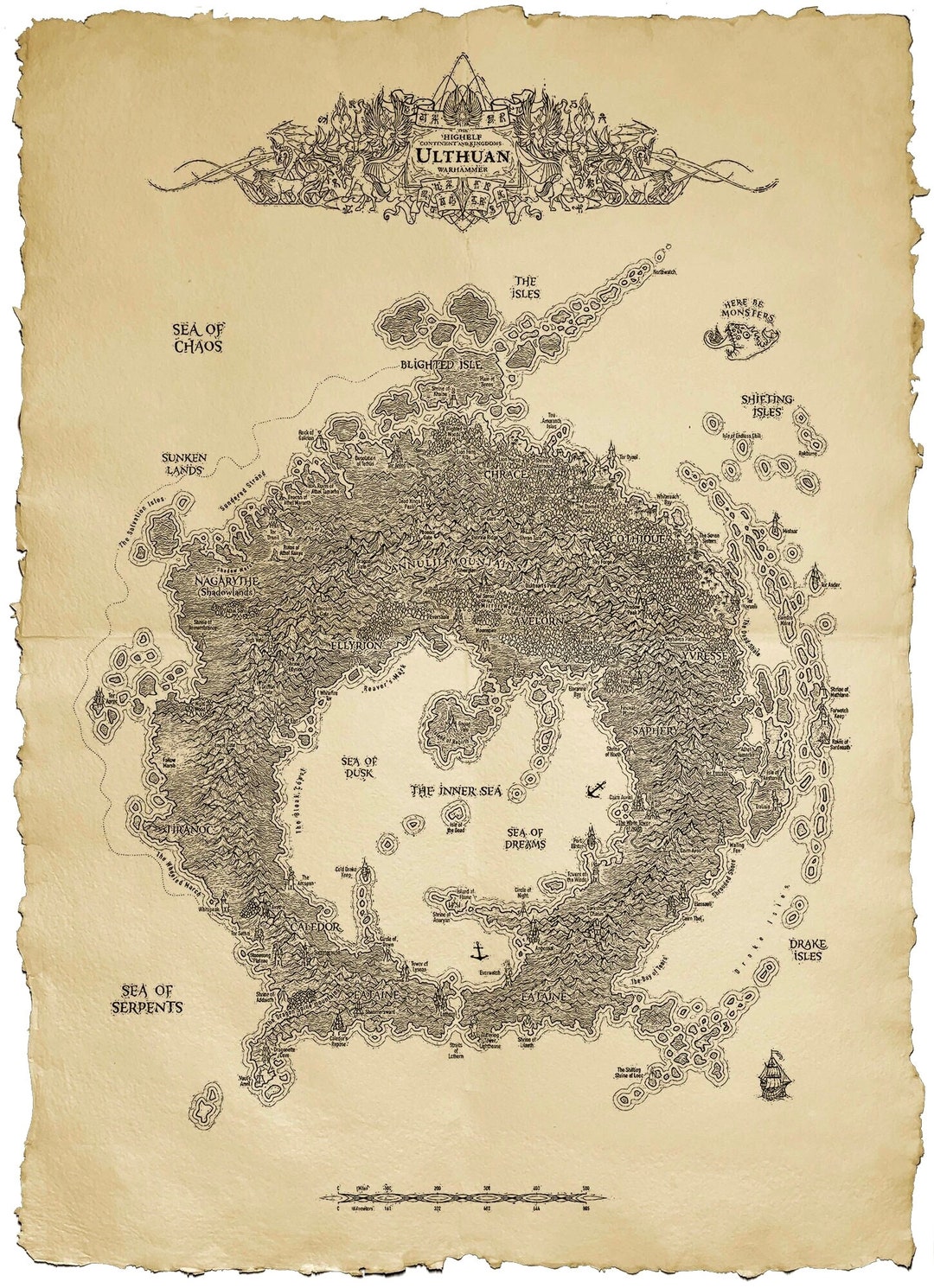 Large Ulthuan Map (warhammer) – Illustrated, Hand Printed on Hand Made ...