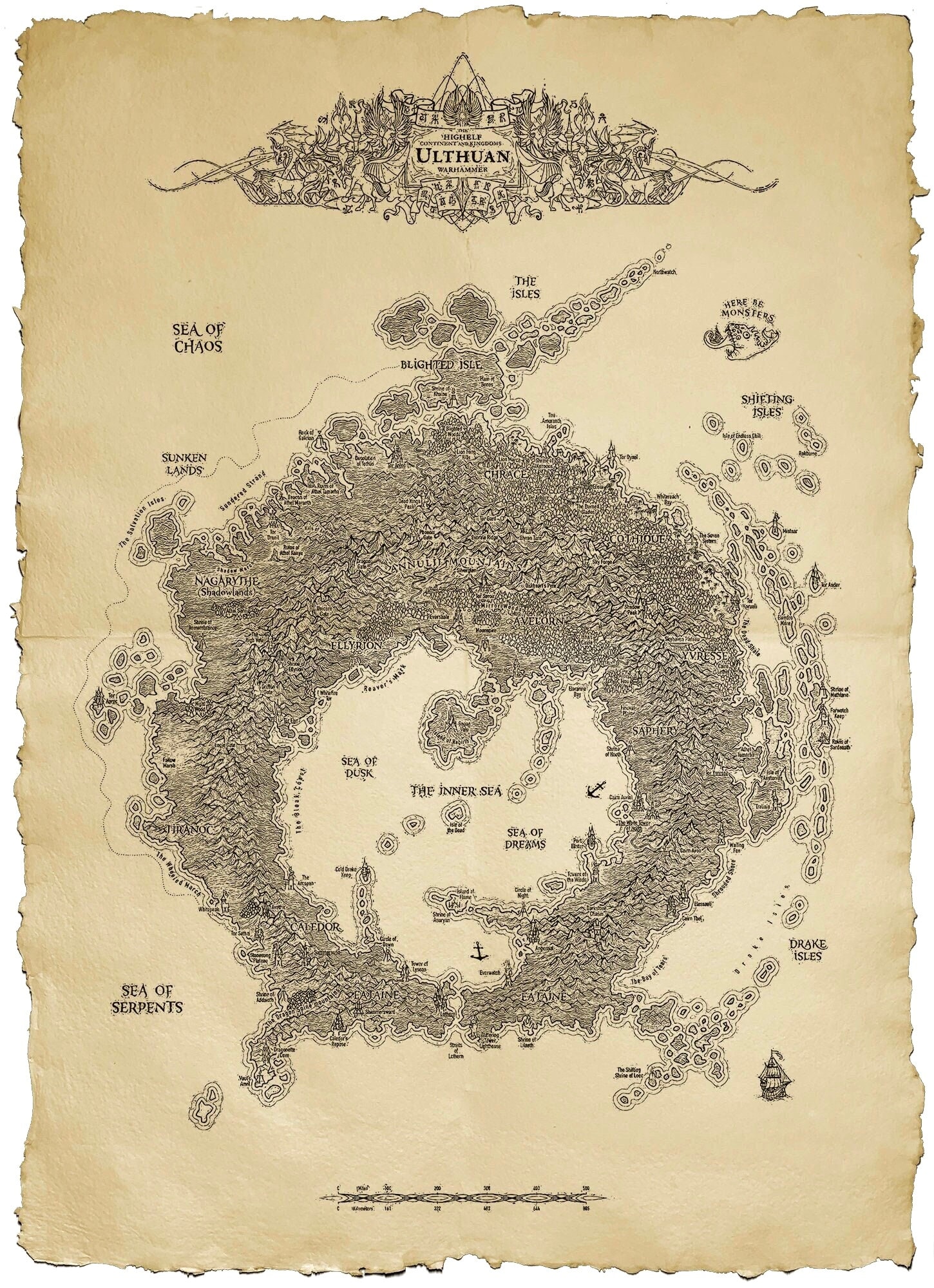 Large Ulthuan of Warhammer Map, Illustrated, Hand Printed on Hand Made ...