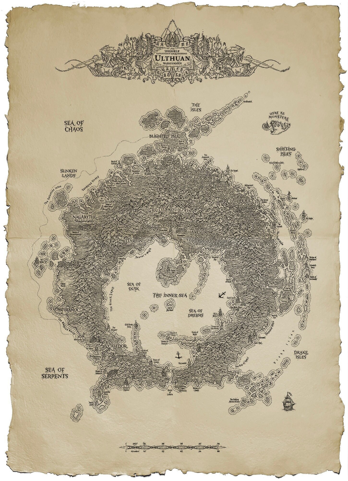 Large Ulthuan of Warhammer Map, Illustrated, Hand Printed on Hand Made ...