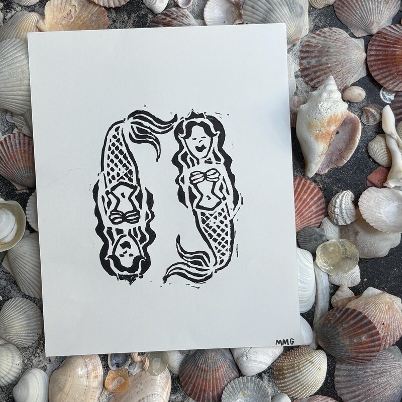 Mermaid Linocut - Etsy