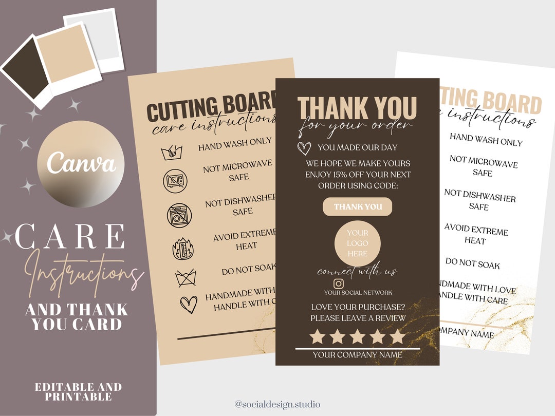 Product Care Instructions and Thank You Card Editable Cutting Board ...