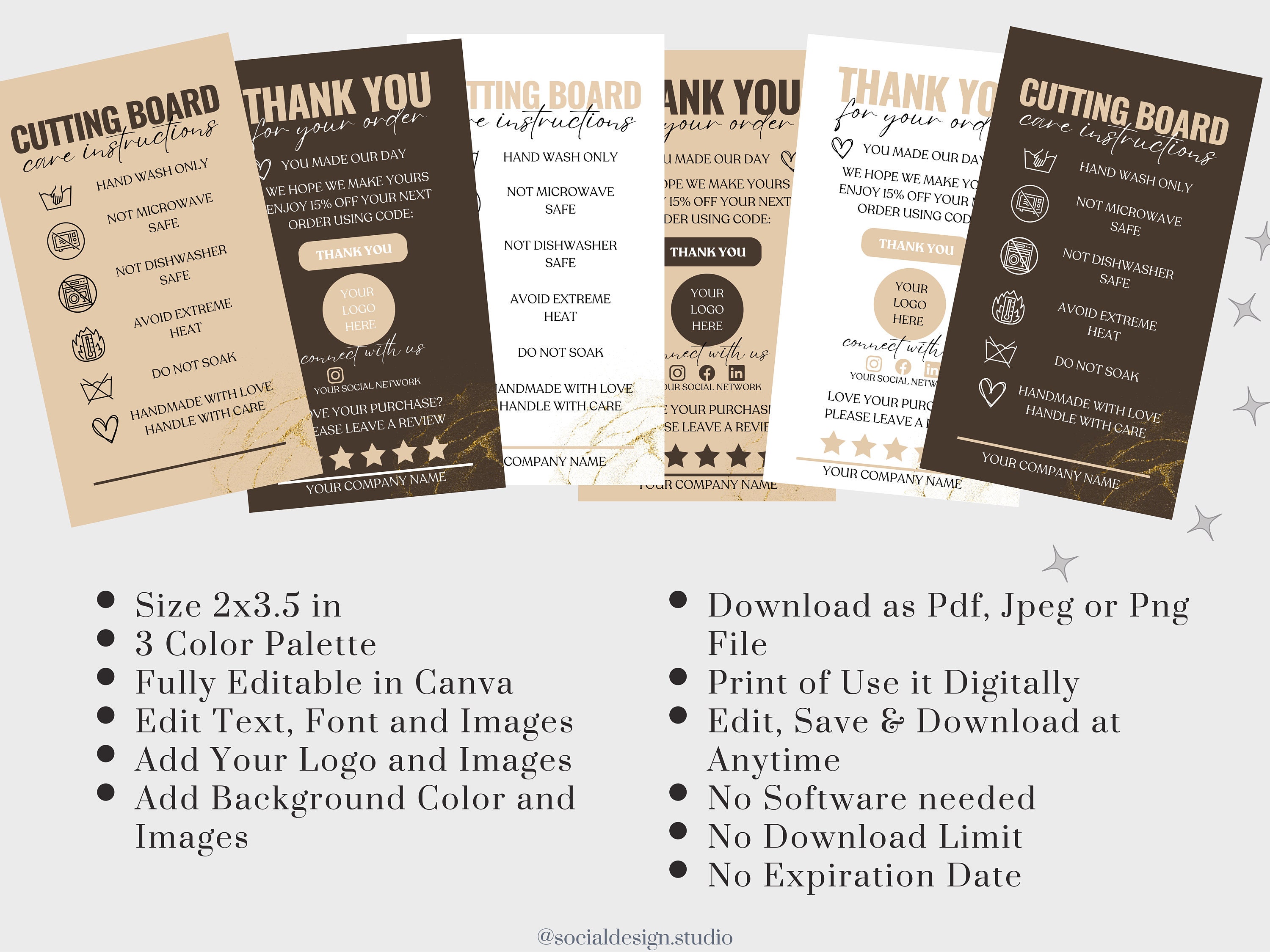 Product Care Instructions and Thank You Card Editable Cutting Board ...