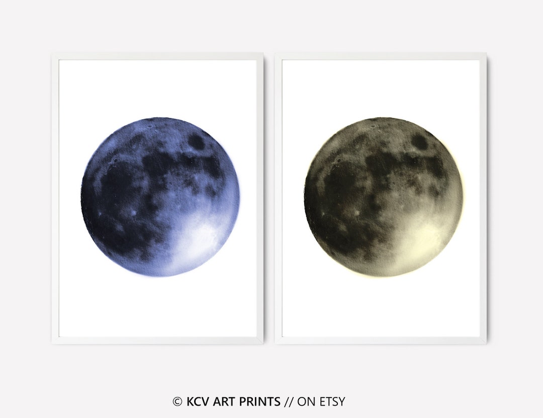 Set of 2 Printable Full Moon, Indigo Blue Watercolor Full Moon, Lunar ...