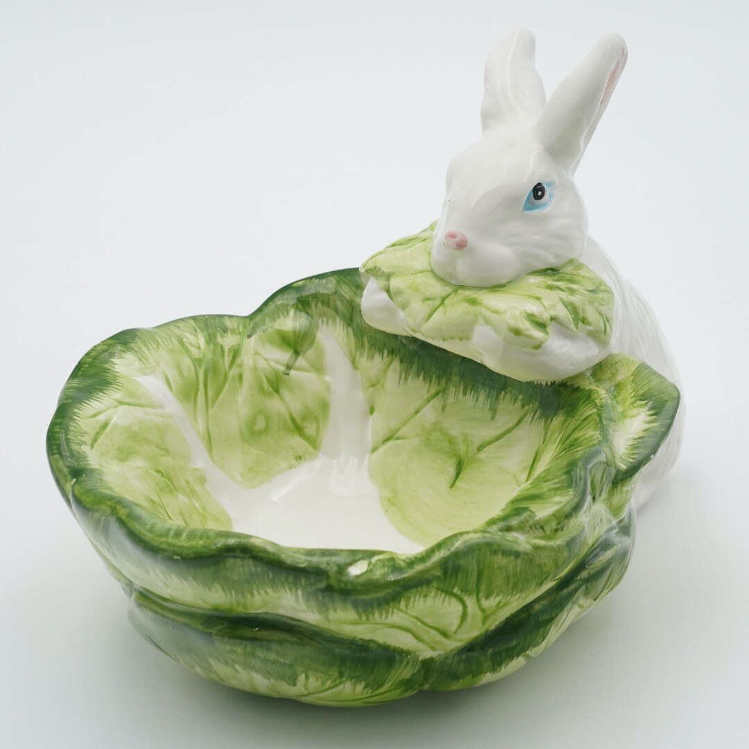 Vintage White Rabbit Holding Green Lettuce, Bunny With Cabbage-shaped ...