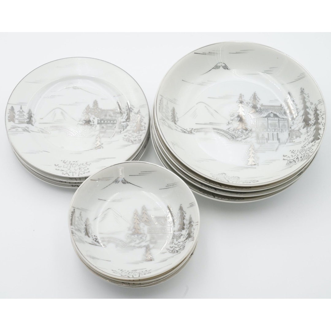 Kutani China Hand-painted Dinnerware Platinum Countryside Oriental ...