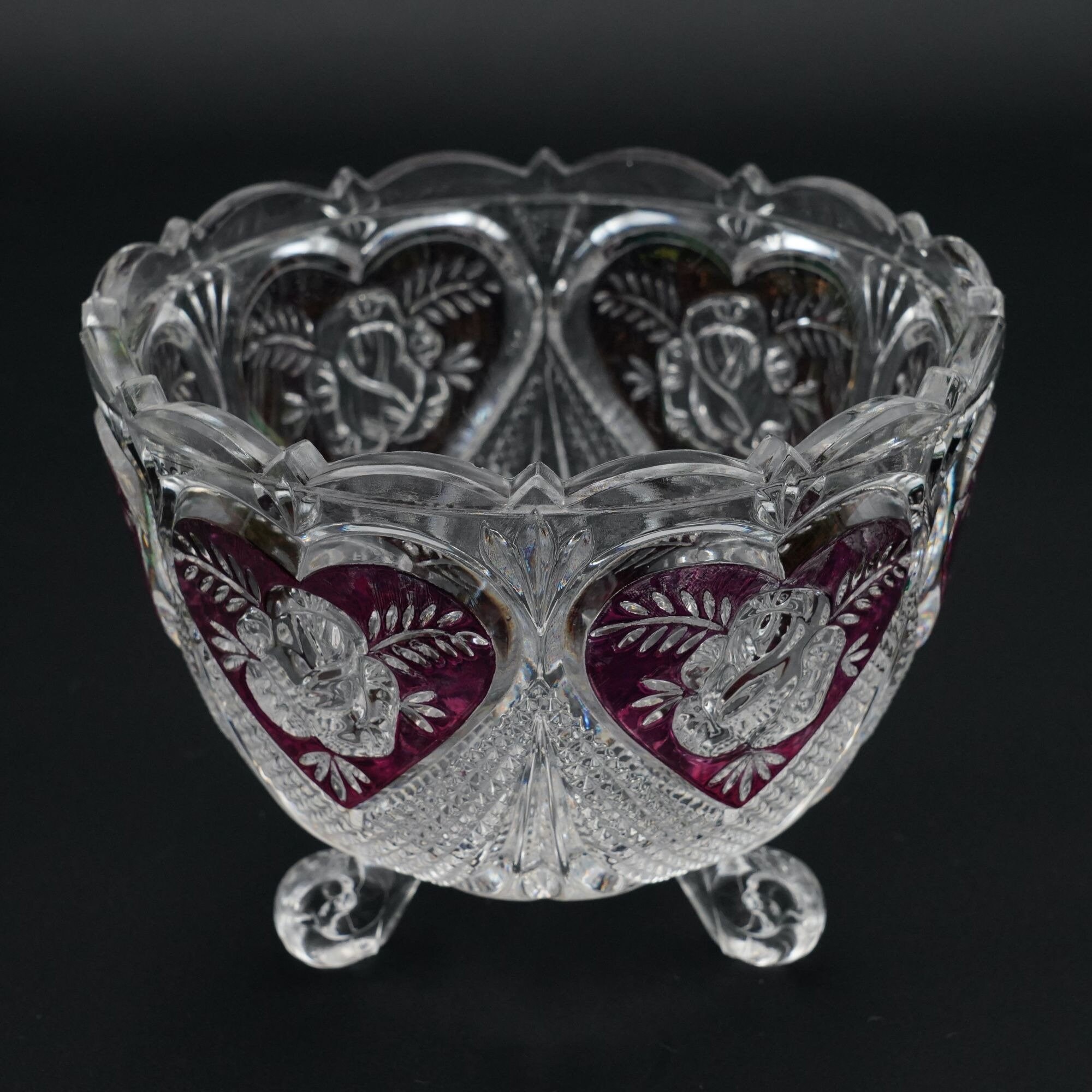 Vintage 1970s Hofbauer Crystal Footed Candy Dish Etched Ruby Red Hearts ...