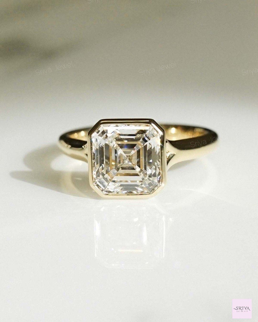 Asscher Cut 3 CT Moissanite Engagement Ring, Asscher Cut Solitaire Wedding Ring, Signature Bezel ...