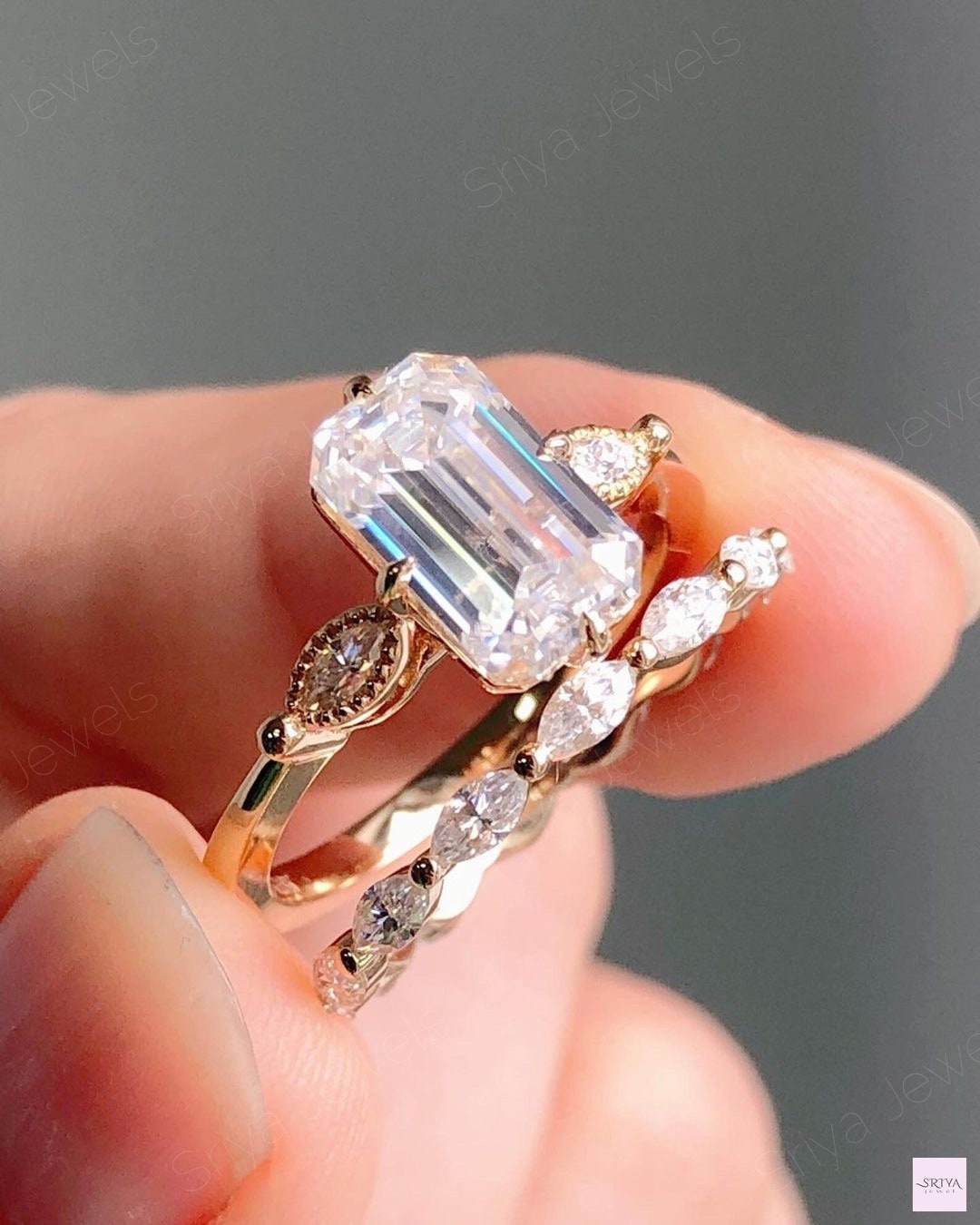 2 CT Emerald Cut Moissanite Three Stone Wedding Ring Set, Engagement ...