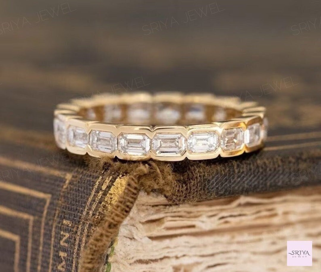East West Emerald Cut Moissanite Wedding Band, Half Bezel Set Emerald ...
