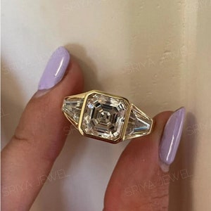 2 CT Asscher Cut Moissanite Engagement Ring, Three Stone Bezel Set Wedding Bridal Ring, Asscher ...
