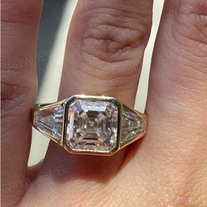 2 CT Asscher Cut Moissanite Engagement Ring, Three Stone Bezel Set Wedding Bridal Ring, Asscher ...