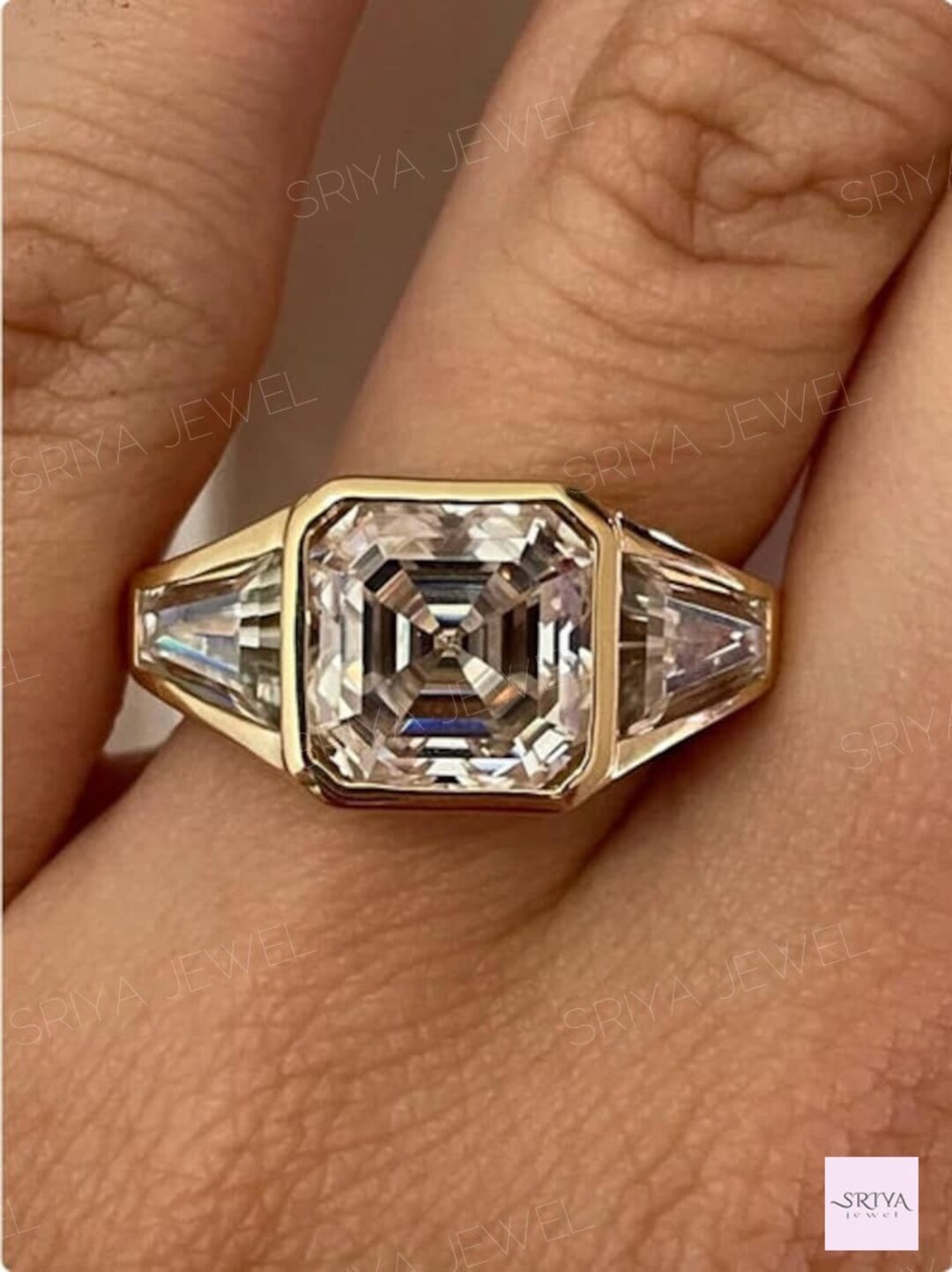 2 CT Asscher Cut Moissanite Engagement Ring, Three Stone Bezel Set Wedding Bridal Ring, Asscher ...