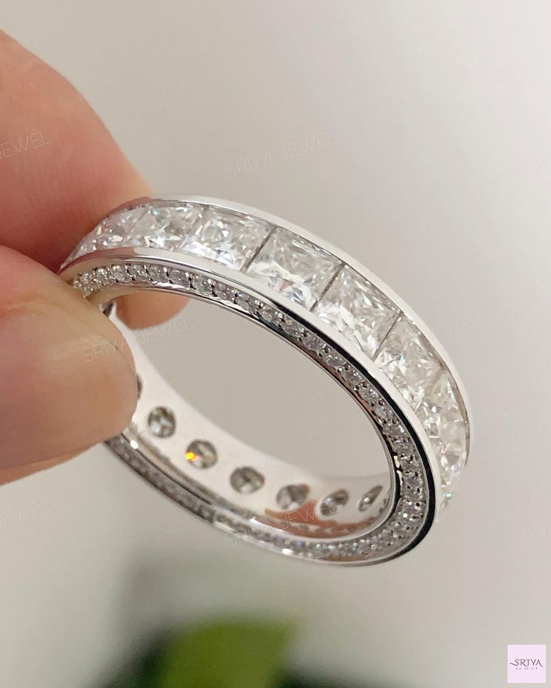 Princess Cut Moissanite Wedding Band, Channel Bezel Set Anniversary ...