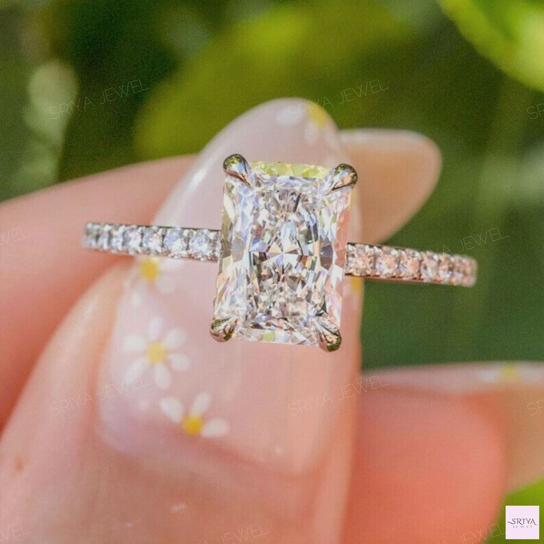 3 Ct Radiant Cut Moissanite Engagement Ring Hidden Halo Etsy