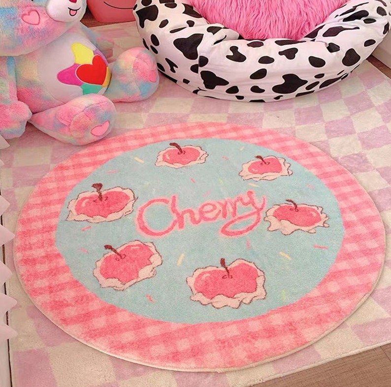 Round Pink Cherry Girl Bedroom Bedside Rugs Cute Rug Living - Etsy