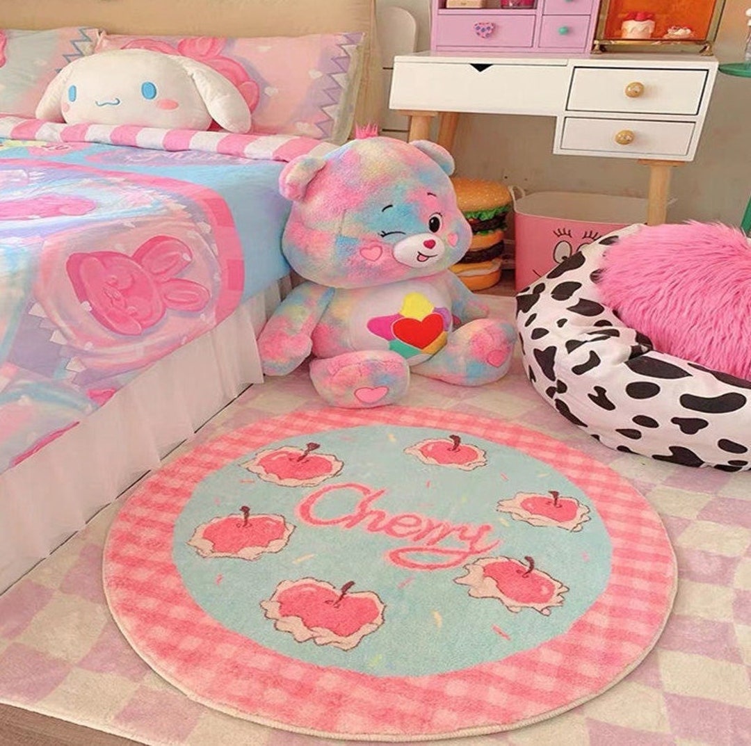 Round Pink Cherry Girl Bedroom Bedside Rugs Cute Rug Living - Etsy