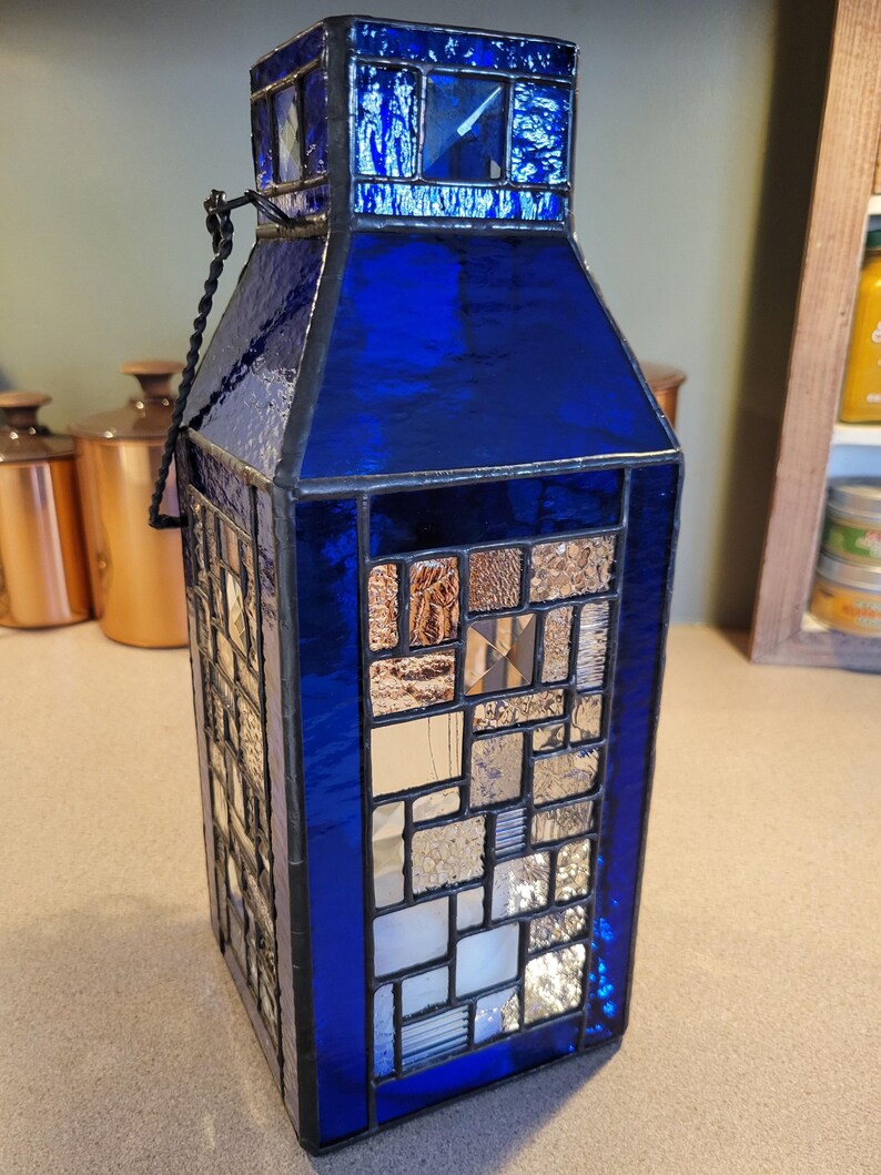 Stained Glass Old World Style Lantern – Cobalt Blue Borders With a ...