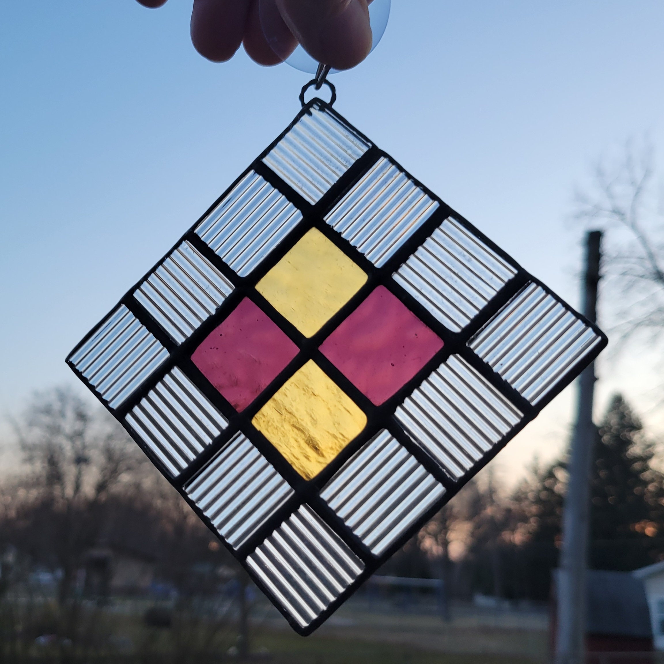 Stained Glass Suncatcher 5.5 Inches Wide Diamond Plum and Gold Textured ...