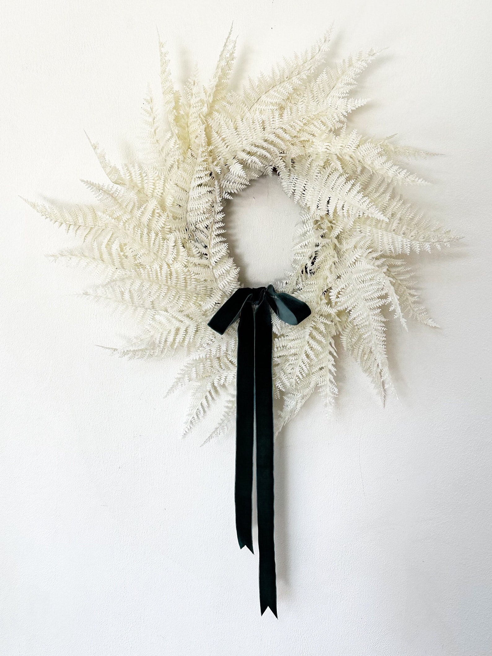Cream Artificial Fern Wreath W/ Dark Green Velvet Bow, Faux White ...