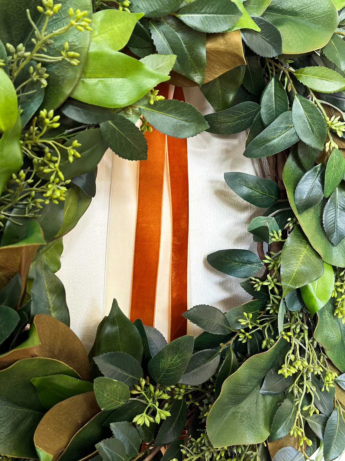 Magnolia Wreath W/ Cream and Rust Velvet Ribbon, Year Round Wreath ...