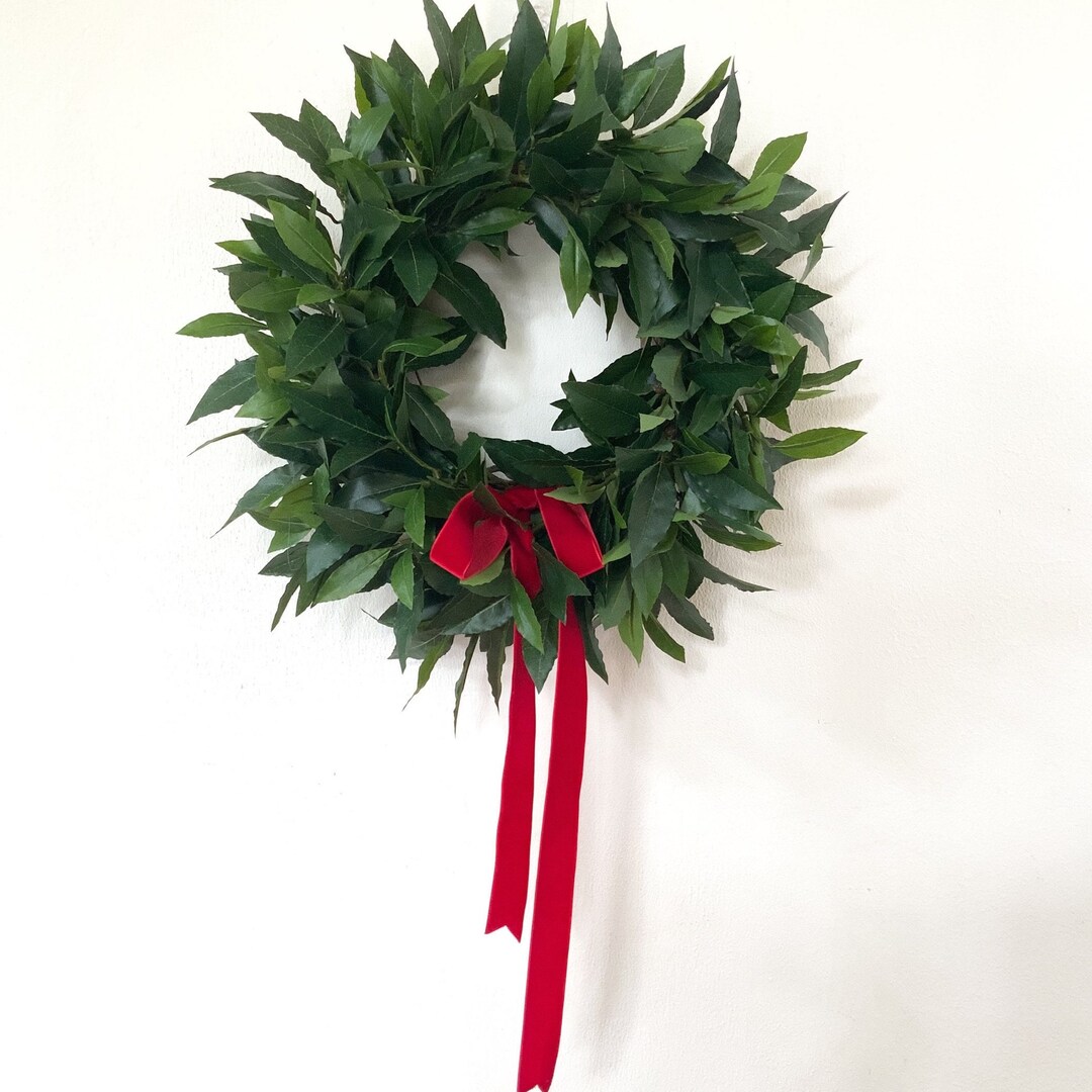 Elegant Christmas Wreath With Faux Greenery and Red Velvet Ribbon, Bay ...