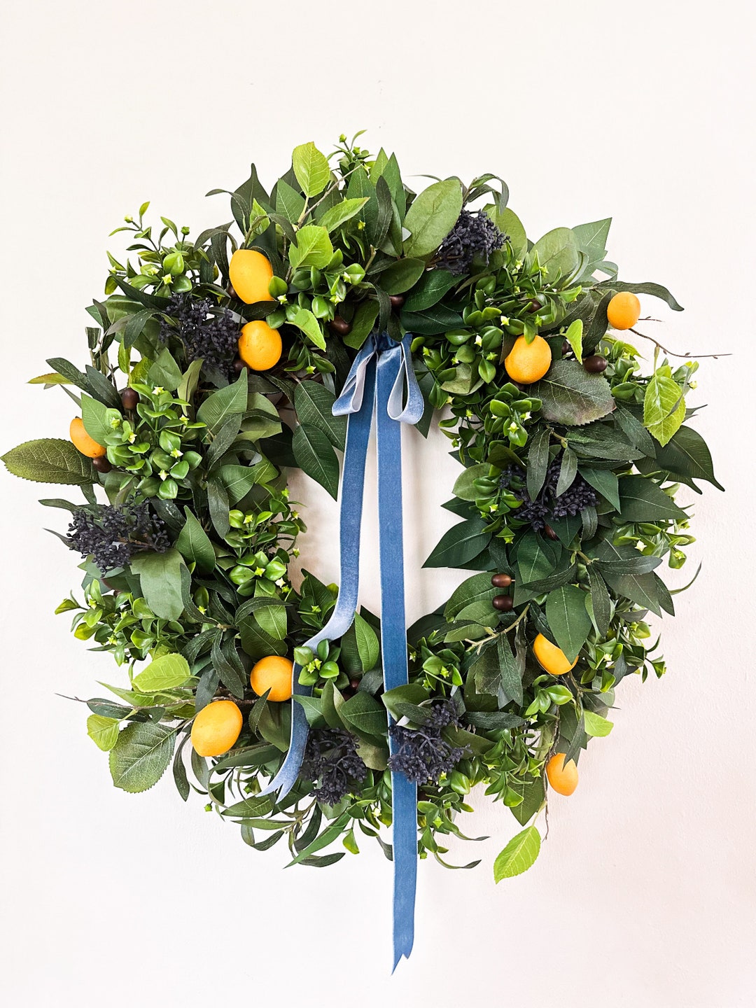Lemon Wreath W/ Artificial Greenery & Velvet Ribbon, Everyday Faux ...