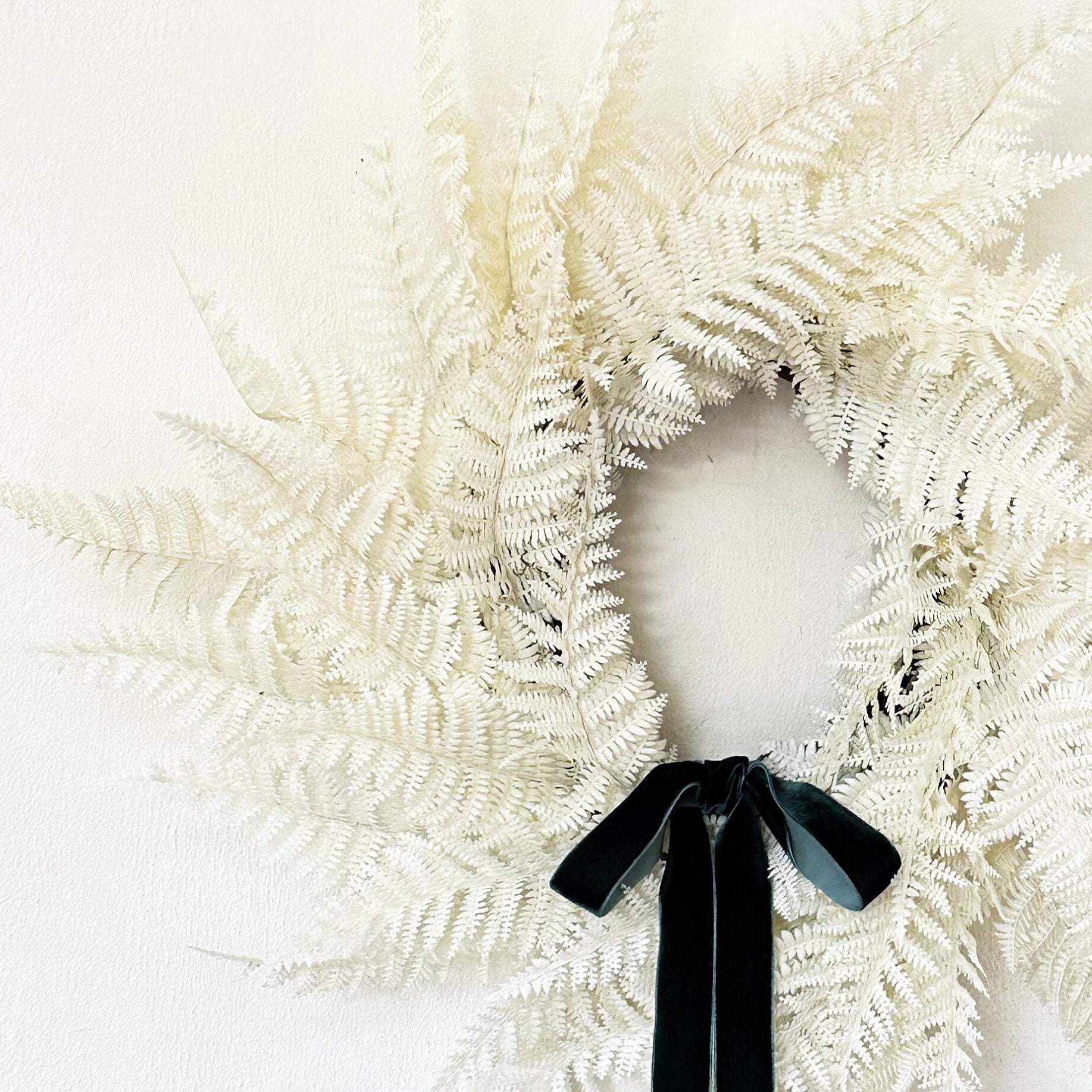 Cream Artificial Fern Wreath W/ Dark Green Velvet Bow, Faux White ...