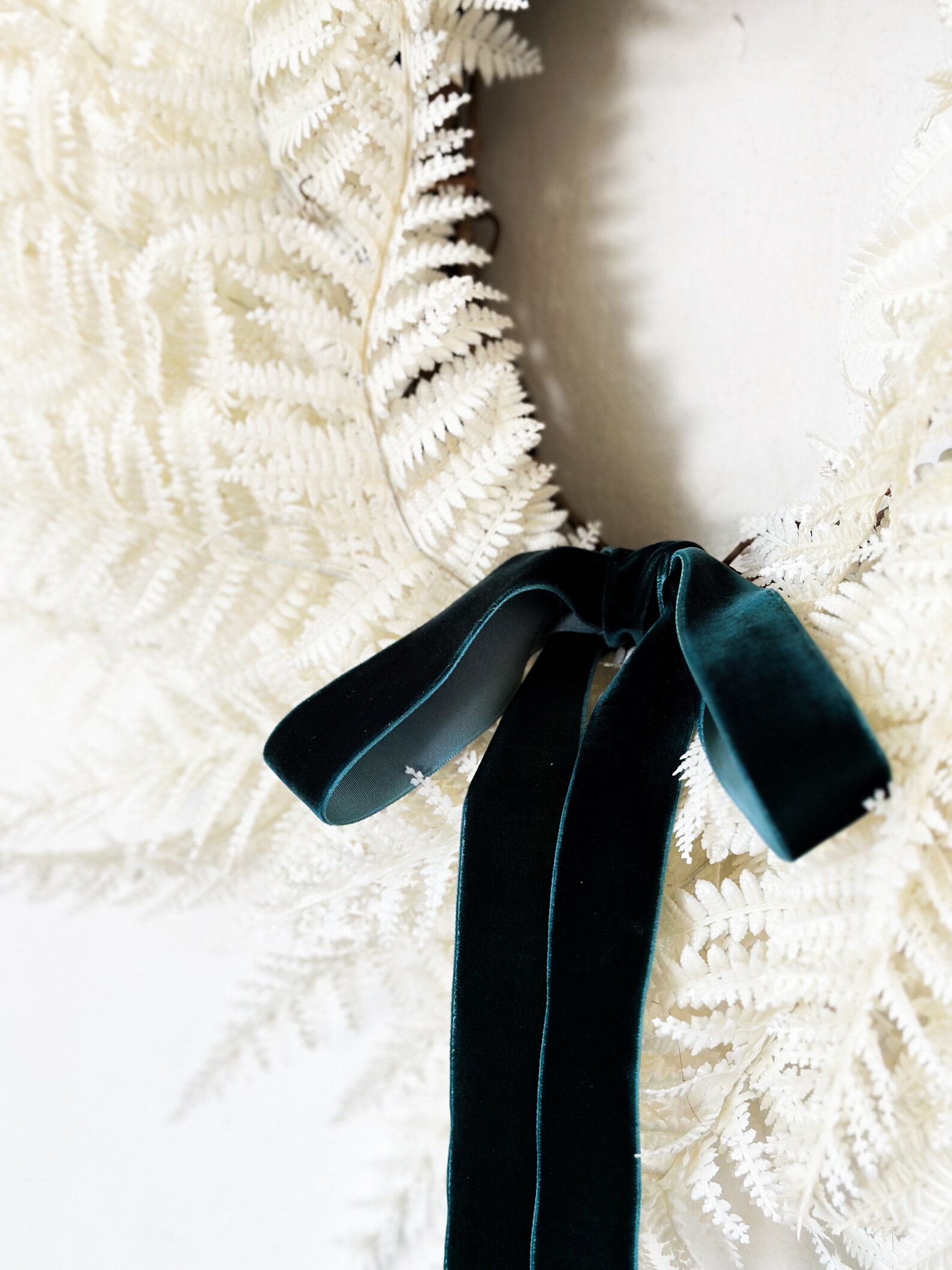 Cream Artificial Fern Wreath W/ Dark Green Velvet Bow, Faux White ...