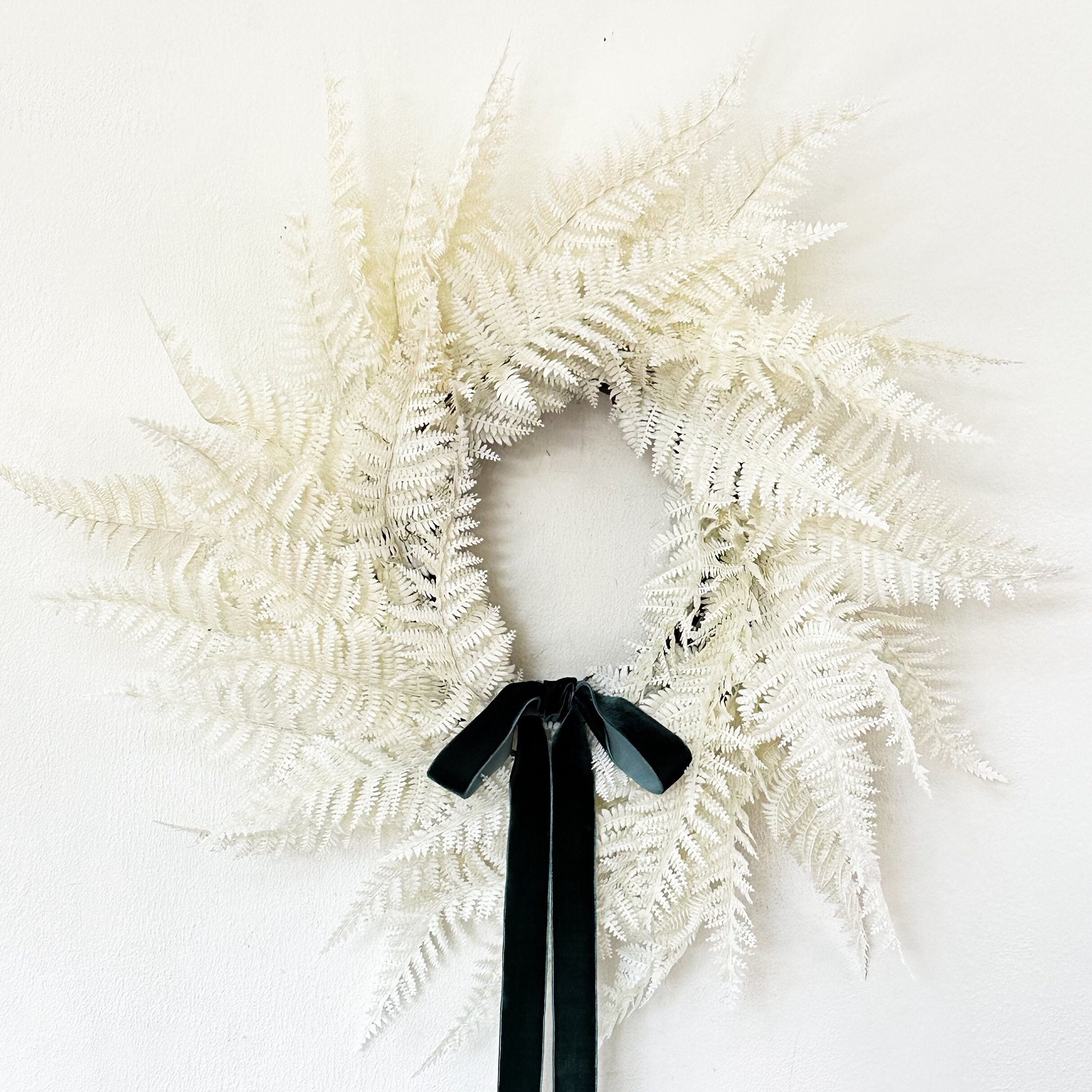 Cream Artificial Fern Wreath W/ Dark Green Velvet Bow, Faux White ...