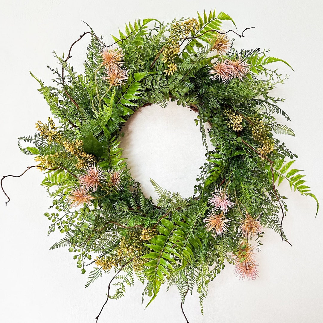 Summer Wreath With Ferns & Pink Thistle, Year Round Faux Greenery ...