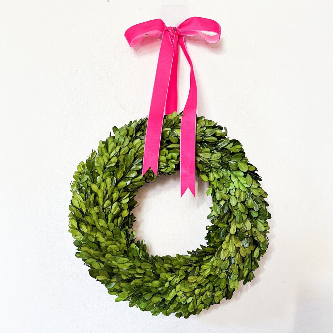 Preserved Boxwood Wreath With Pink Velvet Ribbon, Customizable Bow ...