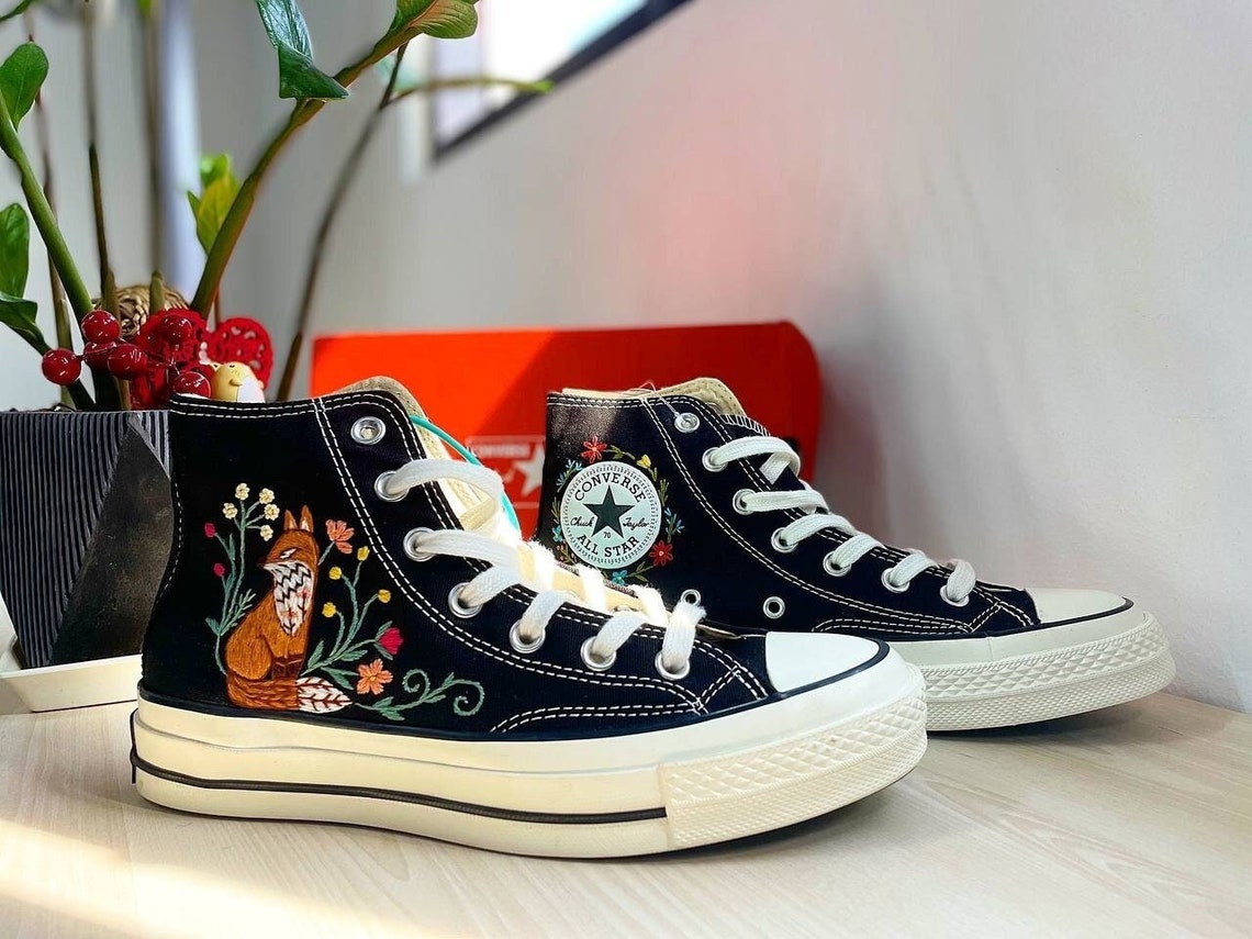 Converse Custom Fox Floral Embroidery Converse High Tops - Etsy