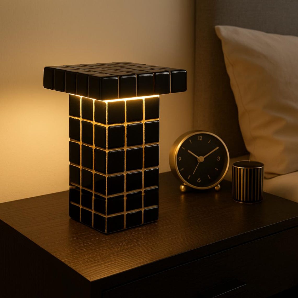 Handmade Black Gold Mosaic Lamp – LED Lighted Side Table – Modern ...