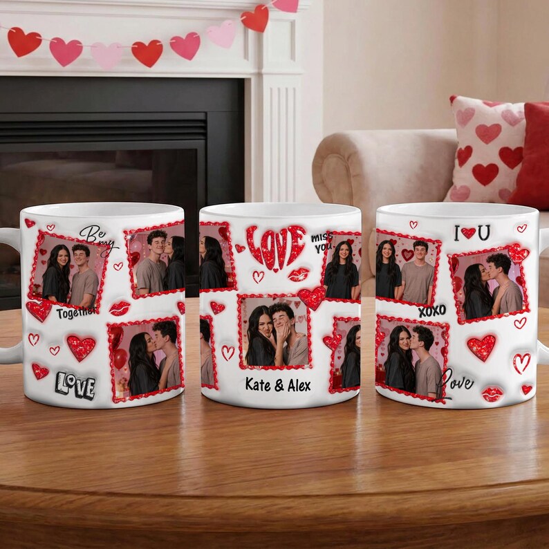 3D Inflated Glitter Heart Photo Mug, Personalized Multi Picture Grid ...