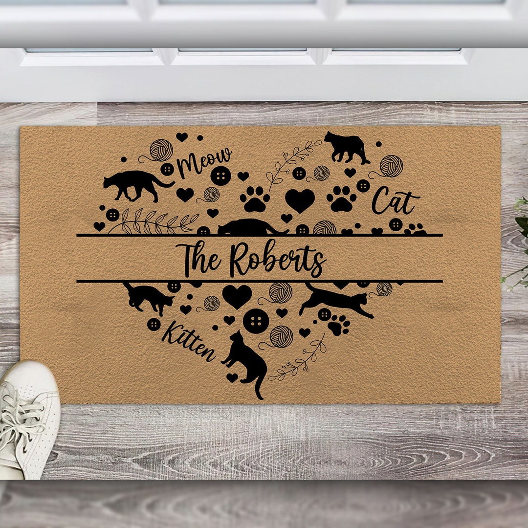 Cat Family Personalized Heart Paw Door Mat, Custom Printed Polyester ...