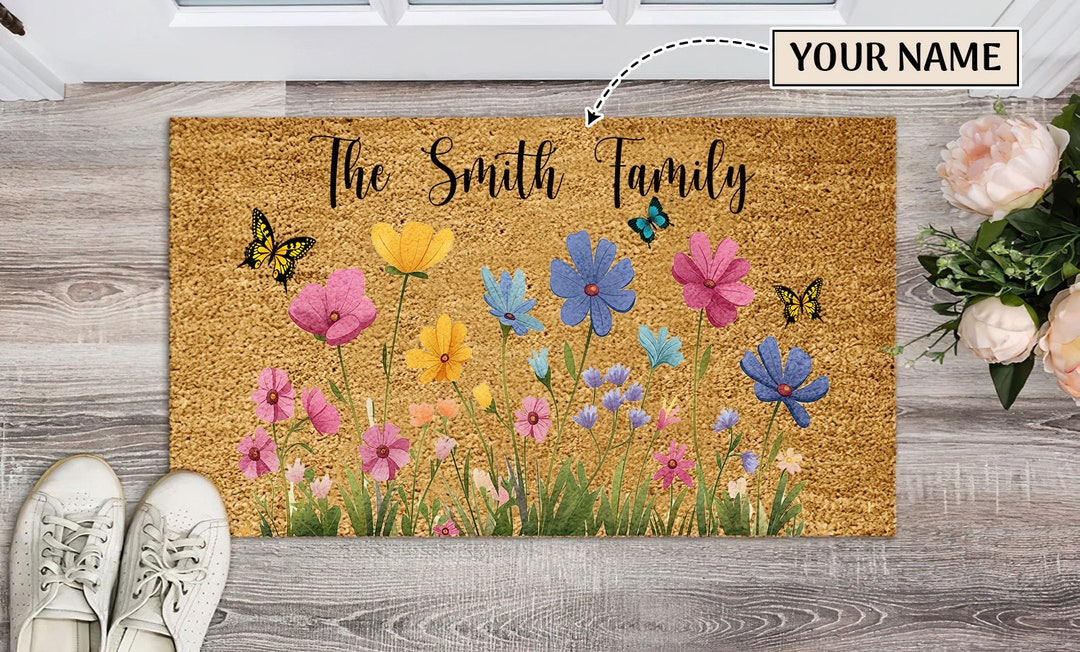 Wildflower Personalized Door Mat, Custom Family Name Doormat, Welcome ...