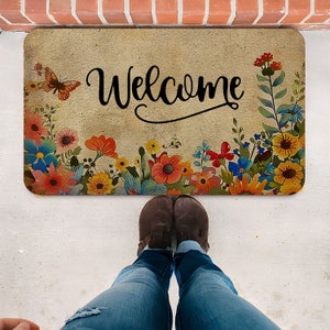 Welcome Wild Flowers Door Mat, Printed Polyester Doormats, Housewarming ...