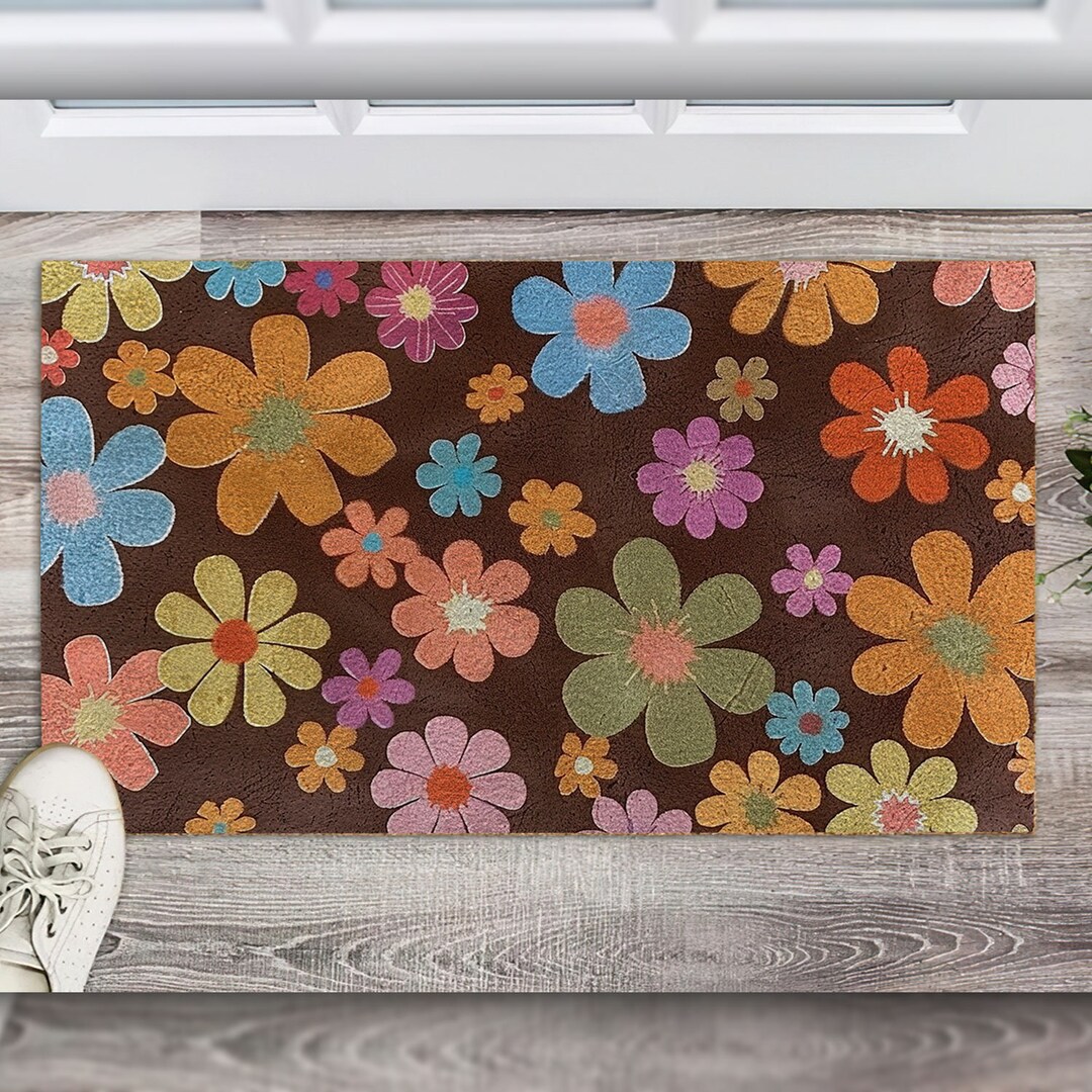 Colorful Pastel Floral Doormat, Cute Floral Front Doormat, Retro Flower ...