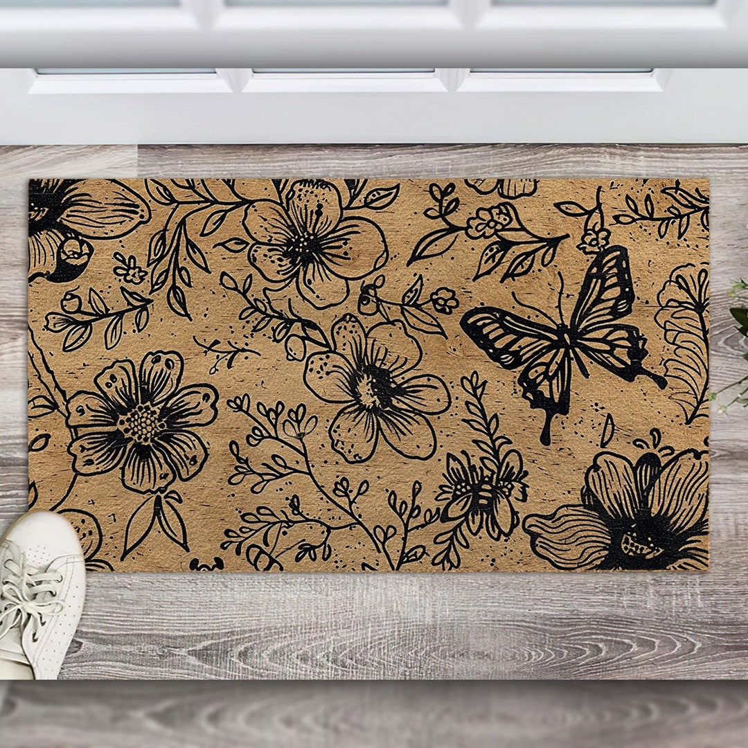 Garden Floral Front Door Mat, Printed Polyester Doormat, Vintage ...