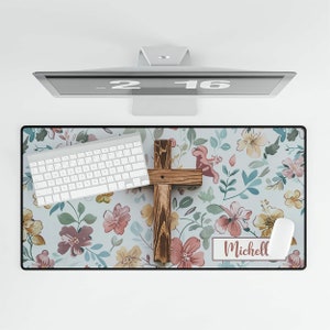 Cross Floral Personalized Deskmat, Flowers Faith Mouse Pad, Christian ...