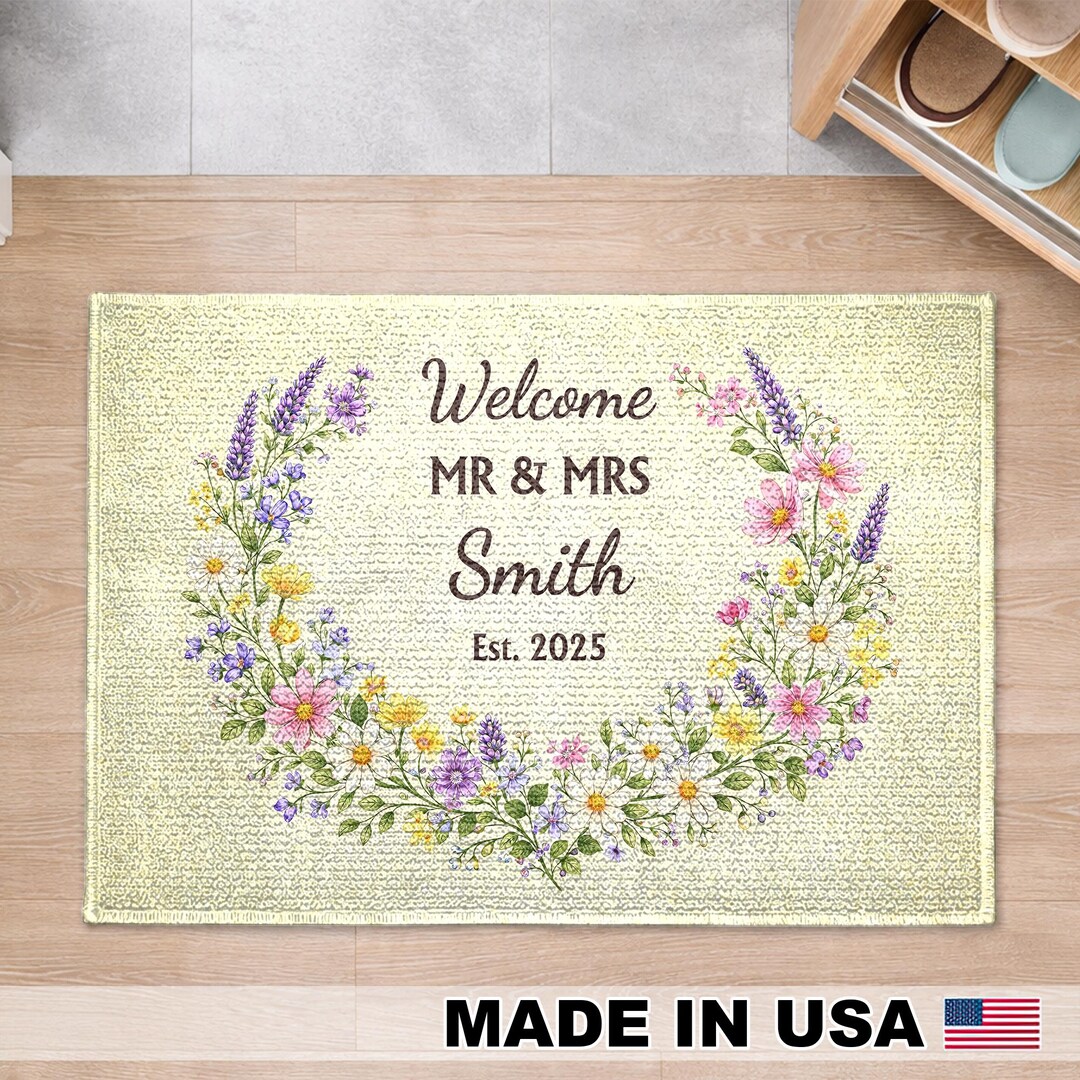 Personalized Wedding Welcome Mat Custom Mr and Mrs Name Floral Wreath ...
