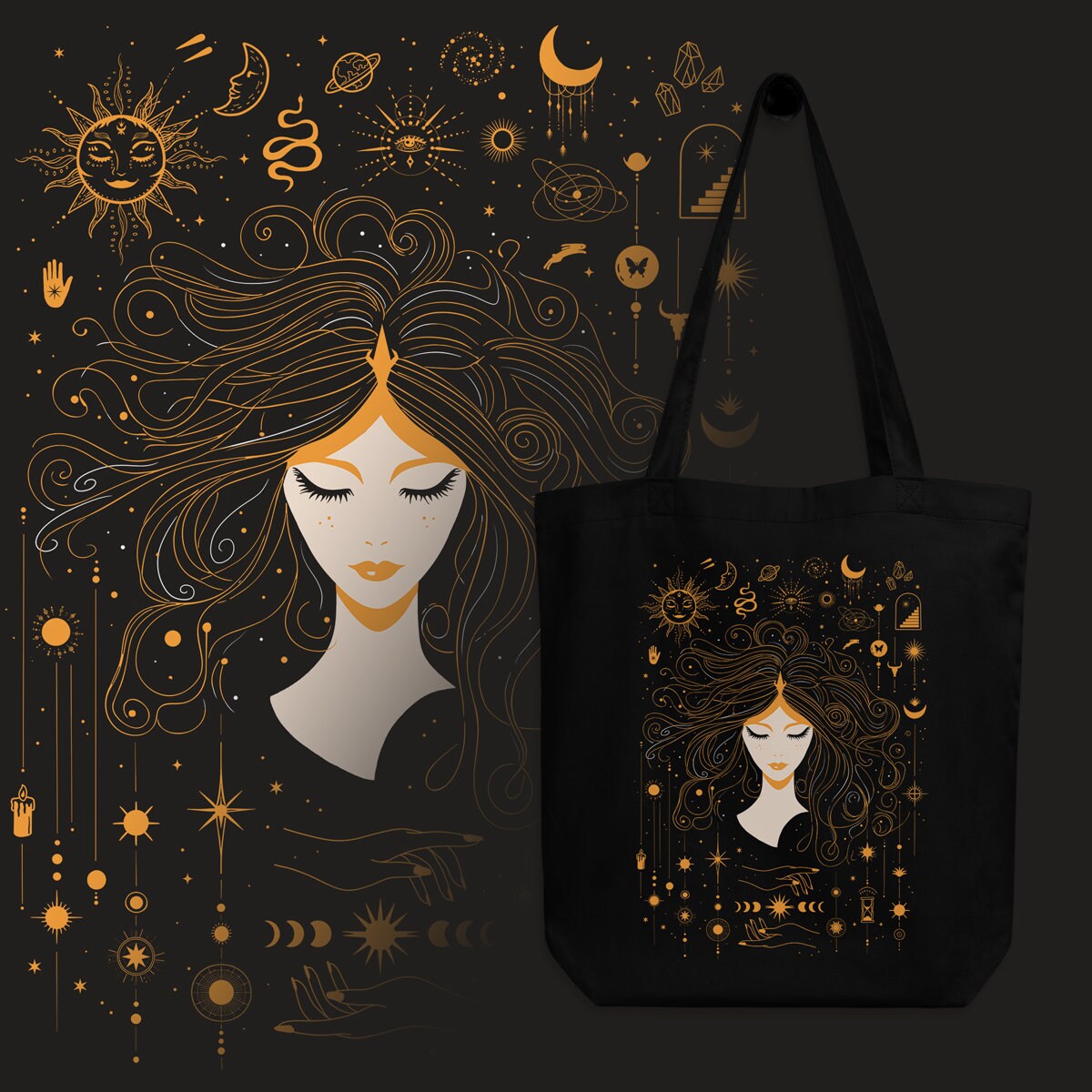 Mystic Celestial Girl Tote Bag, Mystical Sun Moon Girl Tote Sack ...