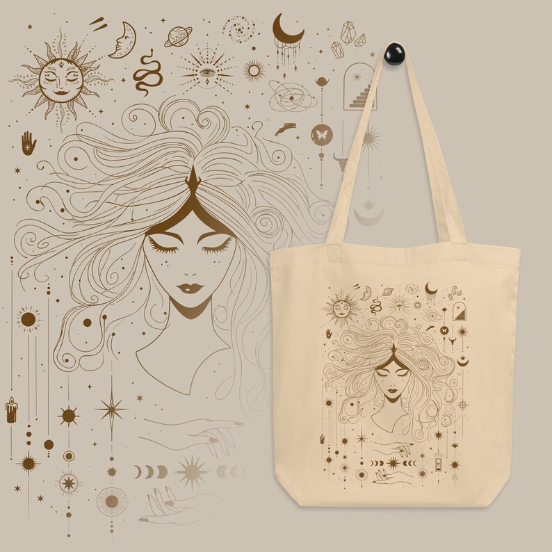 Mystic Celestial Girl Tote Bag, Mystical Sun Moon Girl Tote Sack ...