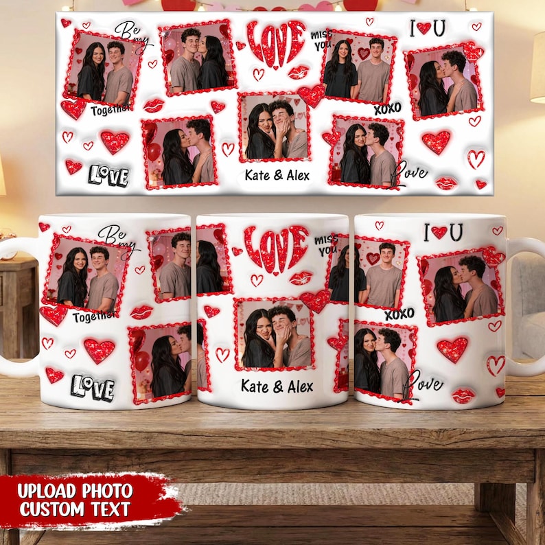 3D Inflated Glitter Heart Photo Mug, Personalized Multi Picture Grid ...