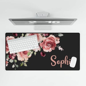 Floral Custom Name Desk Mat, Pink Flowers Mouse Pad, Personalized Mouse ...