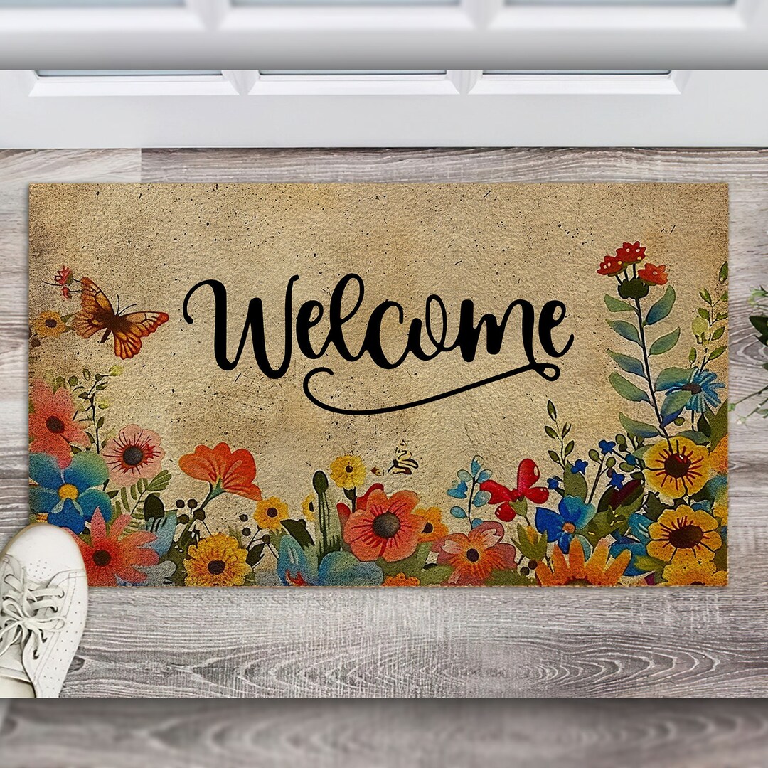 Welcome Wild Flowers Door Mat, Printed Polyester Doormats, Housewarming ...