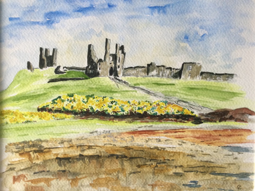 Dunstanburgh Castle. Mounted Ink and Watercolour Painting of ...
