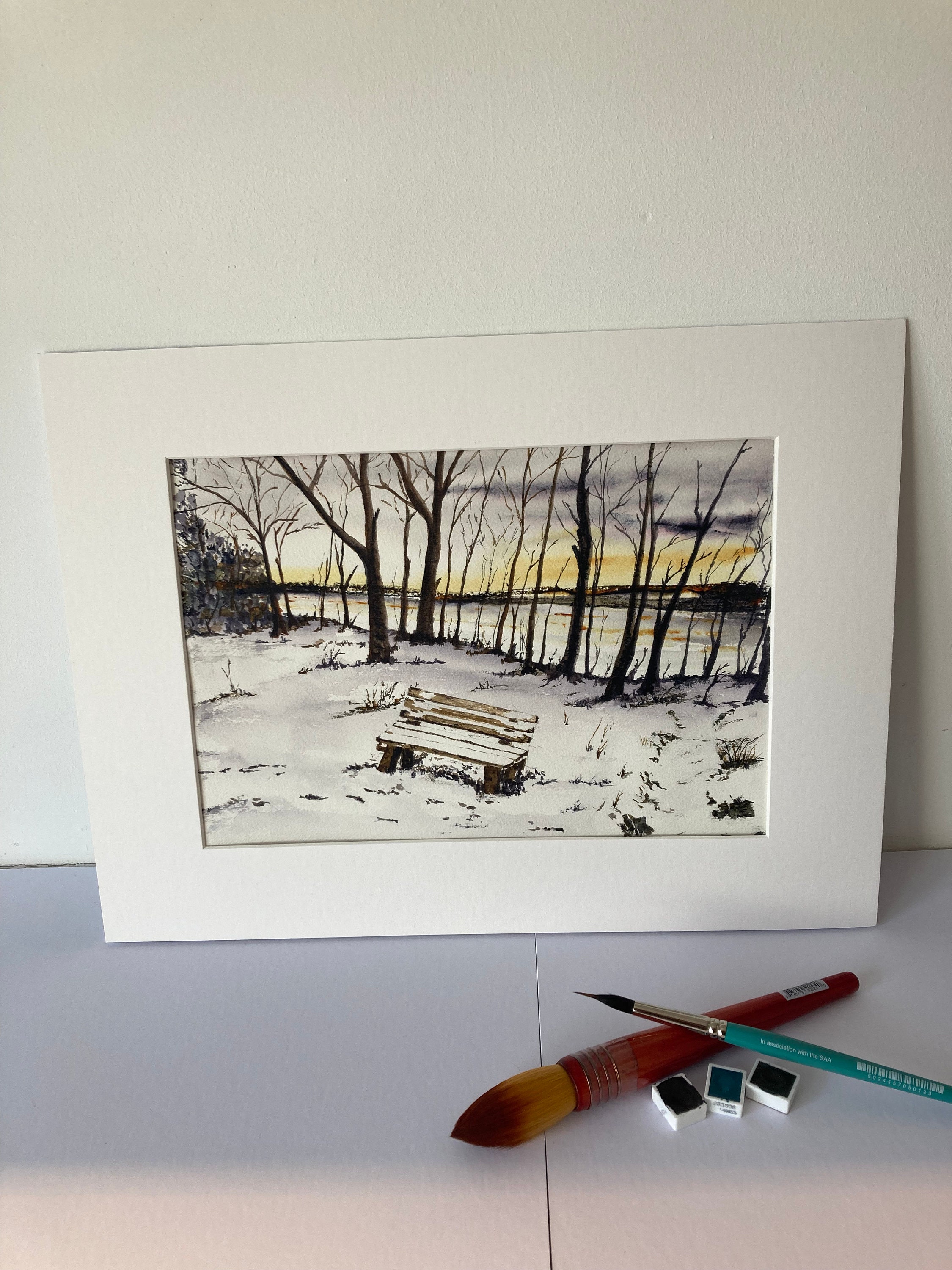 The Bench Rivington Winter Snowy Landscape Original Watercolour Mounted ...