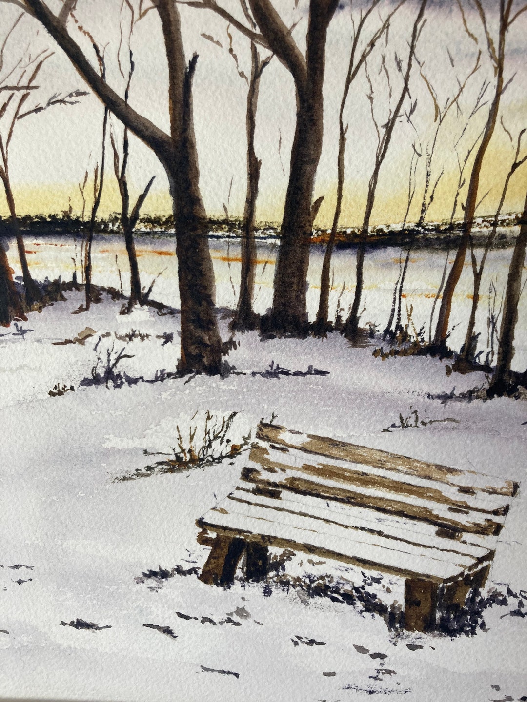 The Bench Rivington Winter Snowy Landscape Original Watercolour Mounted ...