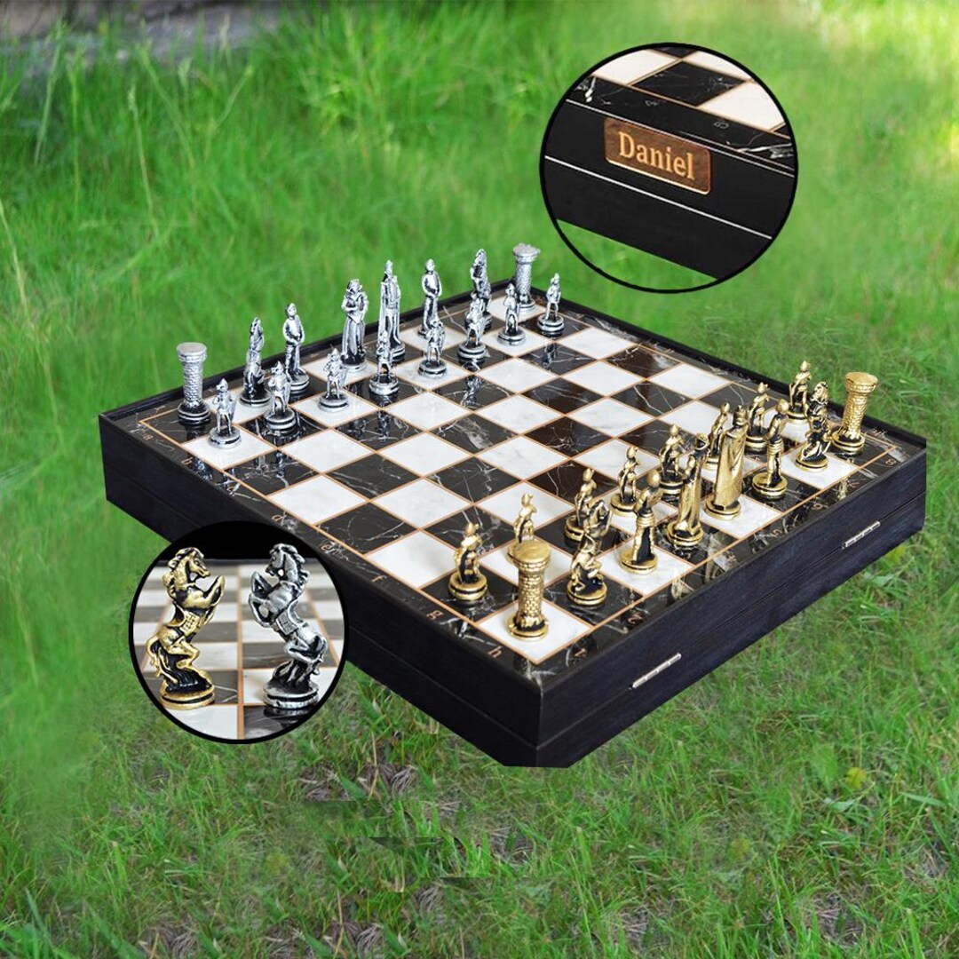 Metal Chess Set: Knight Paladin Empire, Marble Style Board ...